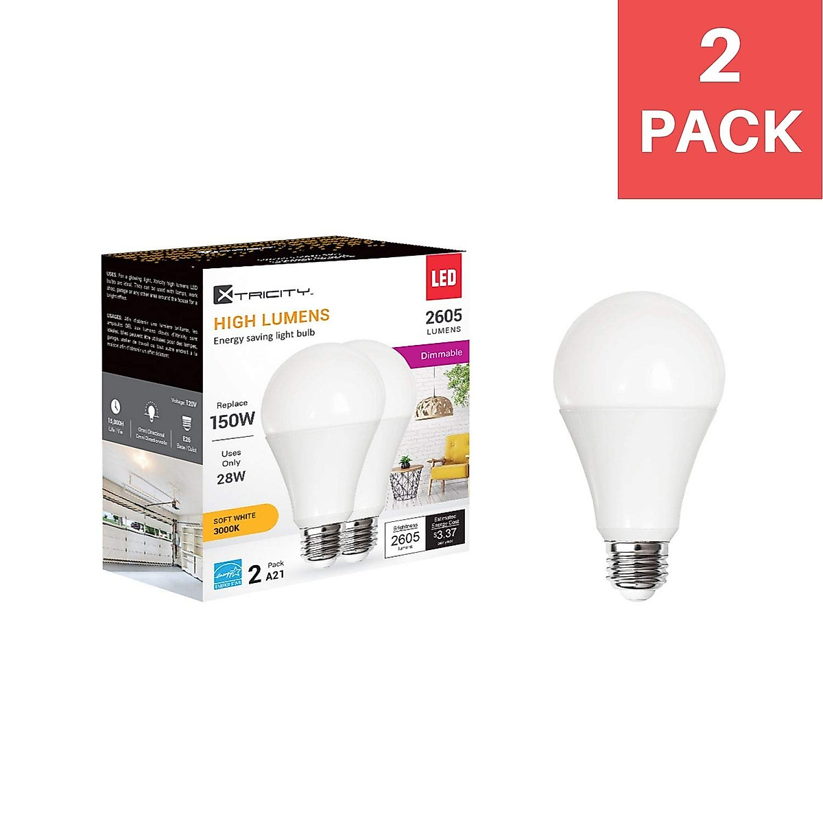A21 LED High Lumen Light Bulb, 28W, (150W Equivalent), 2605 Lumens, 3000K Soft White, Dimmable, E26 Medium Base, 120V, Energy Star, (2 Pack)