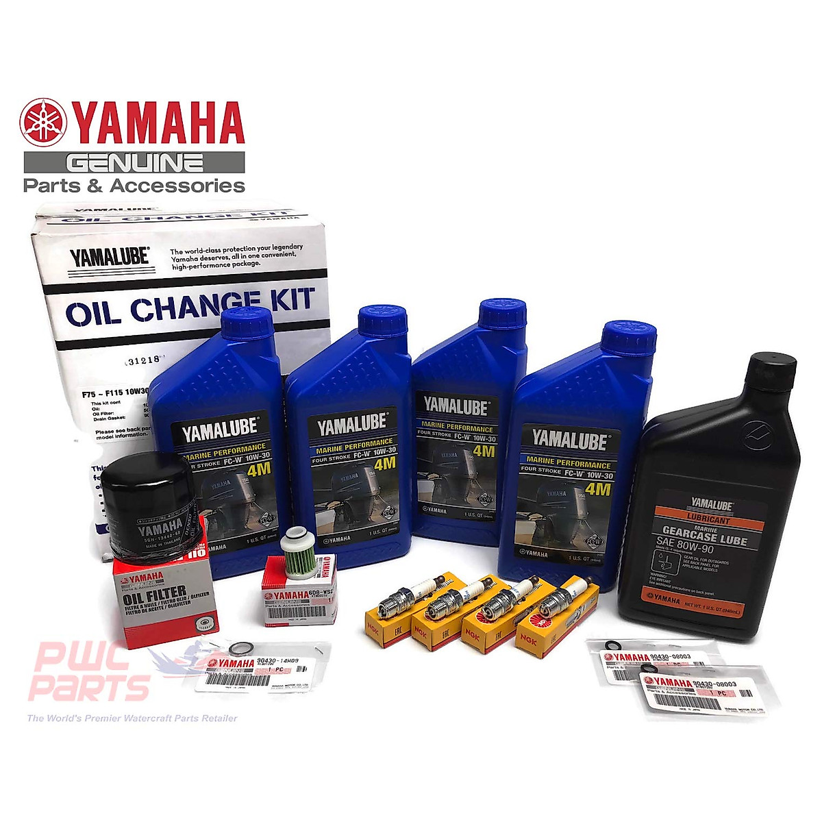 YAMAHA OEM 2014+ F115 VF115 Oil Change 10W30 FC 4M Lower Unit Gear Lube Drain Fill Gasket NGK Spark Plugs LKR6E Fuel Filter Maintenance Kit