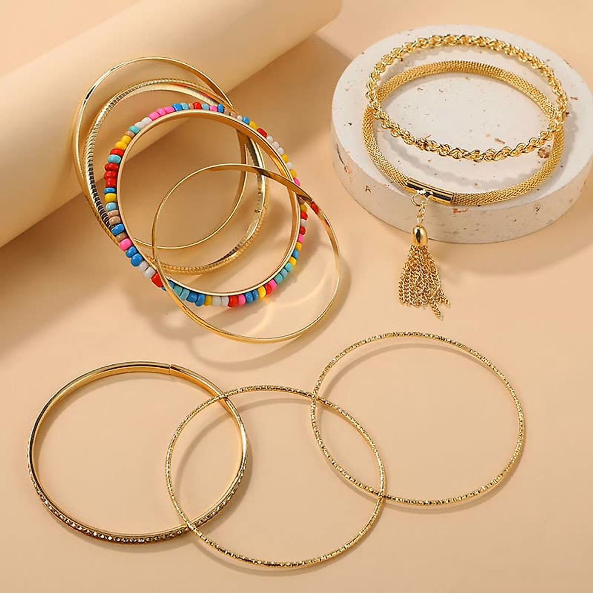 COLORFUL BLING Boho Gold Indian Multi Cuff Bangle Bracelet Layered Rhinestone Pearl Stackable Cable Smooth Bracelet Set Bohemian Jewelry for Women-tassel