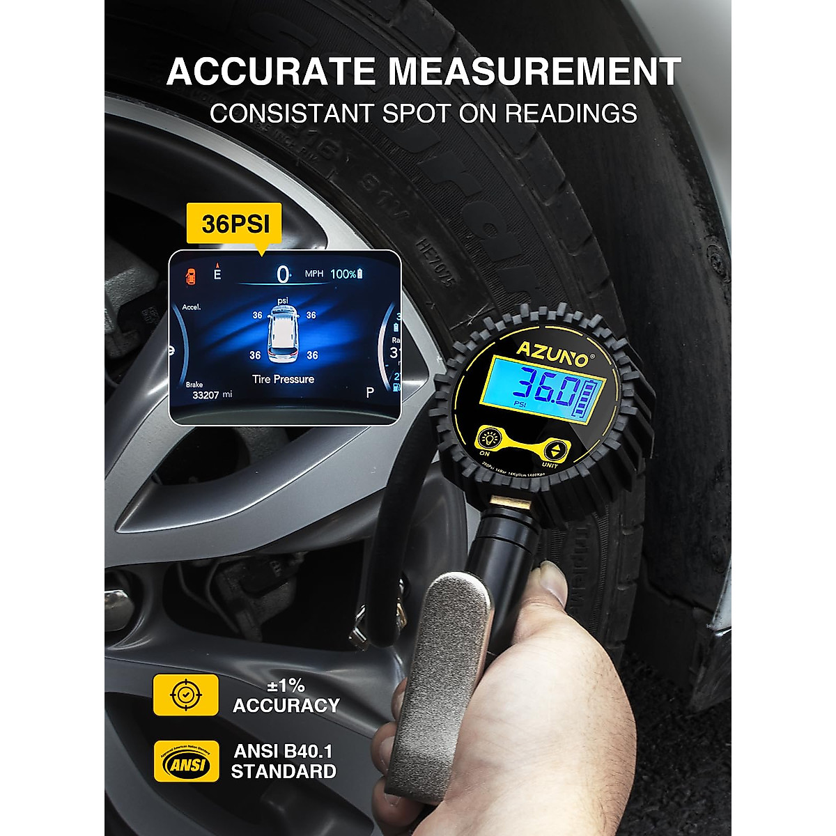 AZUNO Digital Tire Inflator with Pressure Gauge, 200 PSI, Heavy Duty Air Compressor Accessories, w/Rubber Hose Lock on Air Chuck and Quick Connect Coupler