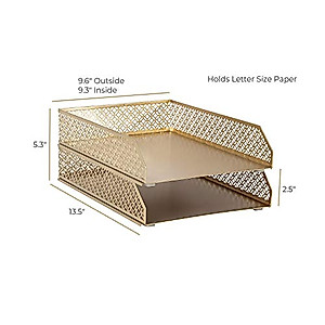 Blu Monaco Gold Desk Organizer Stackable Paper Tray Set of 2 - Metal Two Tier Tray - Stackable Letter Tray - Inbox Tray for Desk