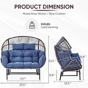 Belord Double Egg Chair Outdoor Glider Loveseat, 550LBS Weight Capacity Wicker Patio Rocking Egg Chairs, Handwoven Rattan Porch Furniture Glider Loveseat for Patio Deck Balcony Sunroom