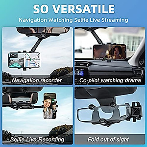 2 Pack Rearview Mirror Phone Holder for Car Multifunctional 360° Rotatable Retractable Car Phone Holder Mount ,Universal Cell Phone Holder Fit All Car and Phone, Charging Cable Included