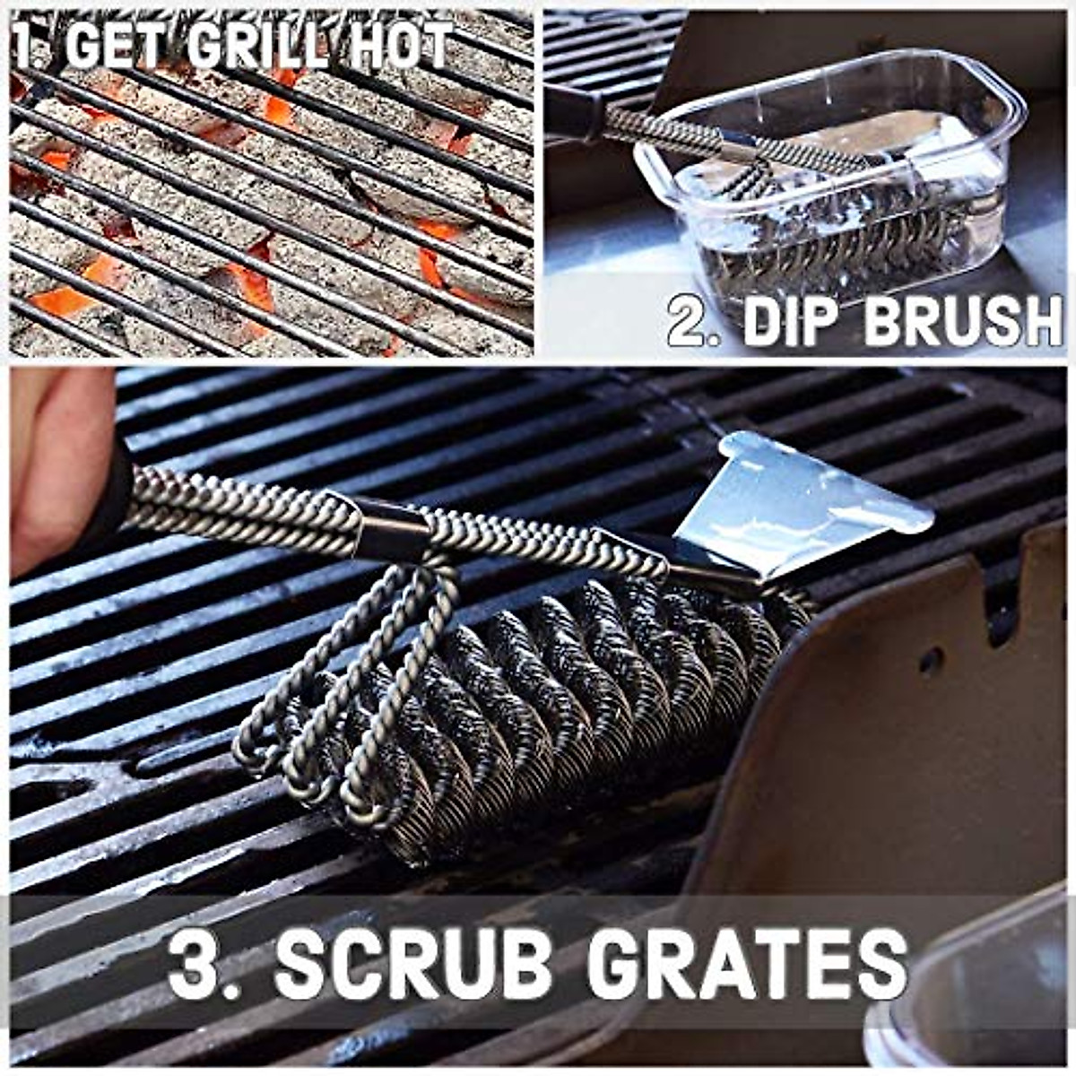 Grill Brush & Scraper Bristle Free | Safe Stainless Steel Cleaning | All BBQ Grates | Gas or Charcoal Grills | Wood and Pellet Smoker | Weber | Best Non Wire Scrubber Cleaner in Grilling Accessories
