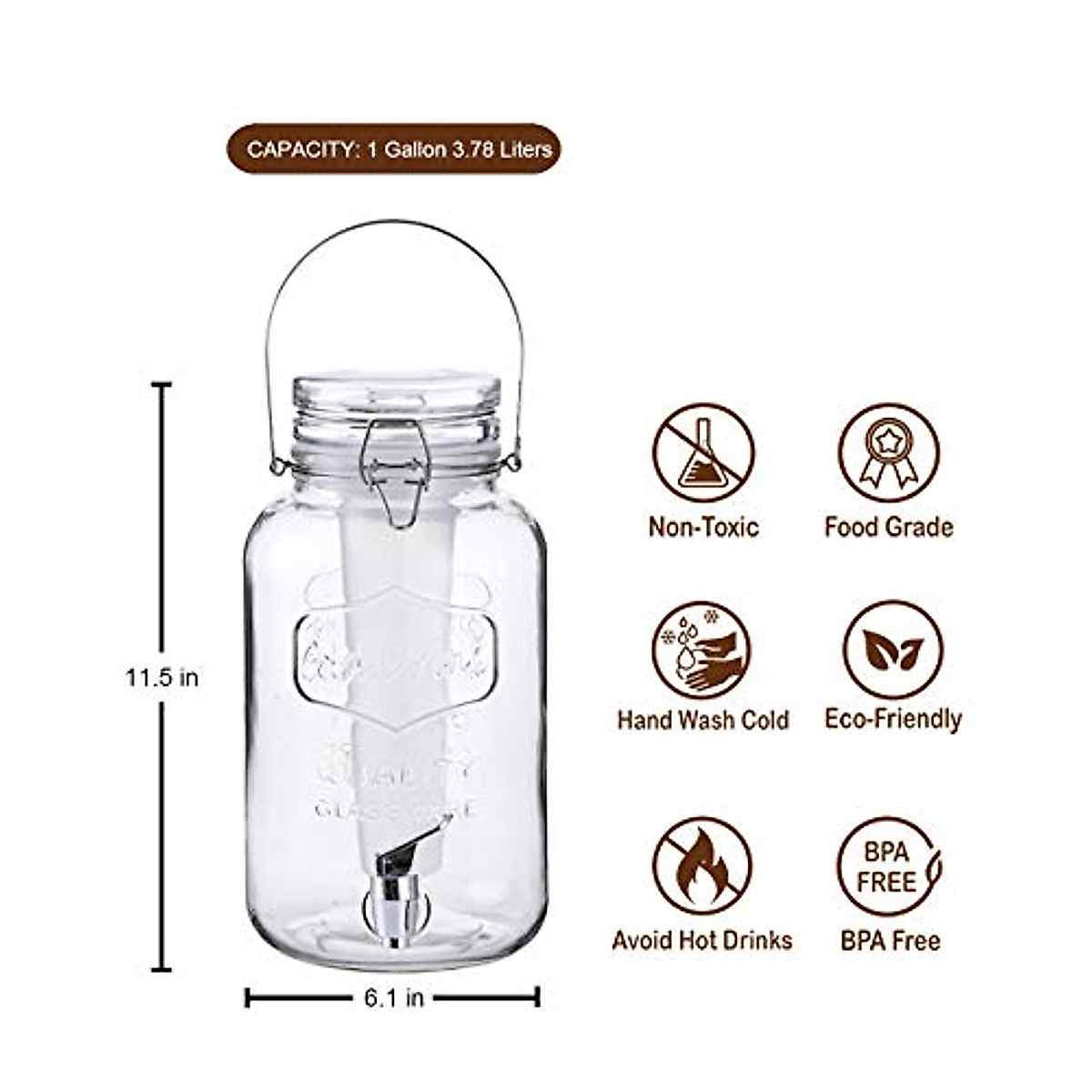 Emica Home 1 Gallon Cold Drink Glass Beverage Dispenser with Ice Infuser, Clear Bail & Trigger with Locking Clamp Drink Dispenser with Easy Flow Spigot for Outdoor, Parties and Daily Use