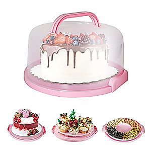 Garmeinea Cake Carrier Cupcake Containers with Lid and Handle Portable Storage & Transport Container Holder 10” Cake Stand for Cake Cupcakes Nuts Pies Muffins Cookies Fruit Pink