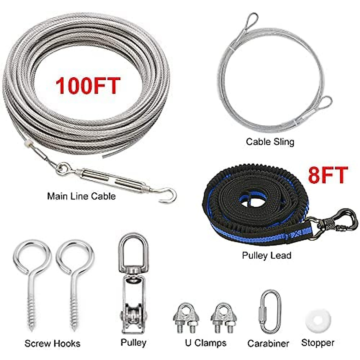 XiaZ Dog Tie Out Cable, 100ft Dog Trolley Runner Cable for Dogs up to 250lbs, Dog Lead for Yard, Camping, Outdoor, with 8 Ft Nylon Bungee Runner, Cable Sling to Protect Trees