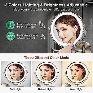 GREENFROM Rechargeable Wall Mounted Makeup Mirror Brushed Nickel, 8.5'' Magnifying Mirror with Lights Double-Sided 1X/10X 360° Rotation Extension Bathroom Shaving Mirror with Foldable Arm