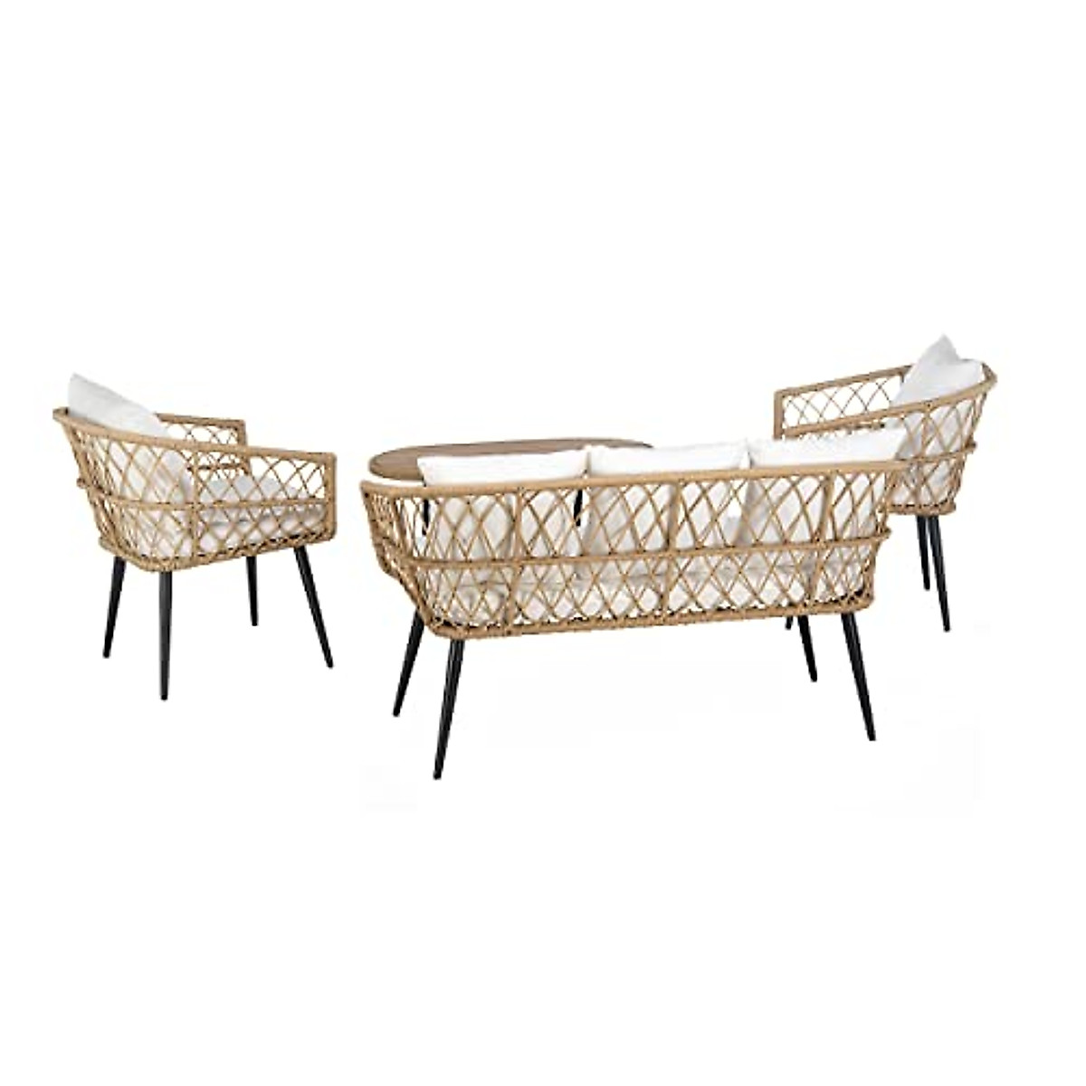 Quality Outdoor Living 29-YZ04HM Hermosa 4PC Conversation Set, Tan Wicker w/Black Aluminum and Off-White Cushions