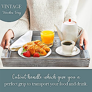 Rustic Serving Tray with Extra Long Handle, Decoration Tray, Bed Tray(set of 2)Large 20 x 14 x 2'' -Small 16 x 11 x 2'' Dinner Romantic Breakfast on Bed for your Partner, Home decor, Coffee Table Tray