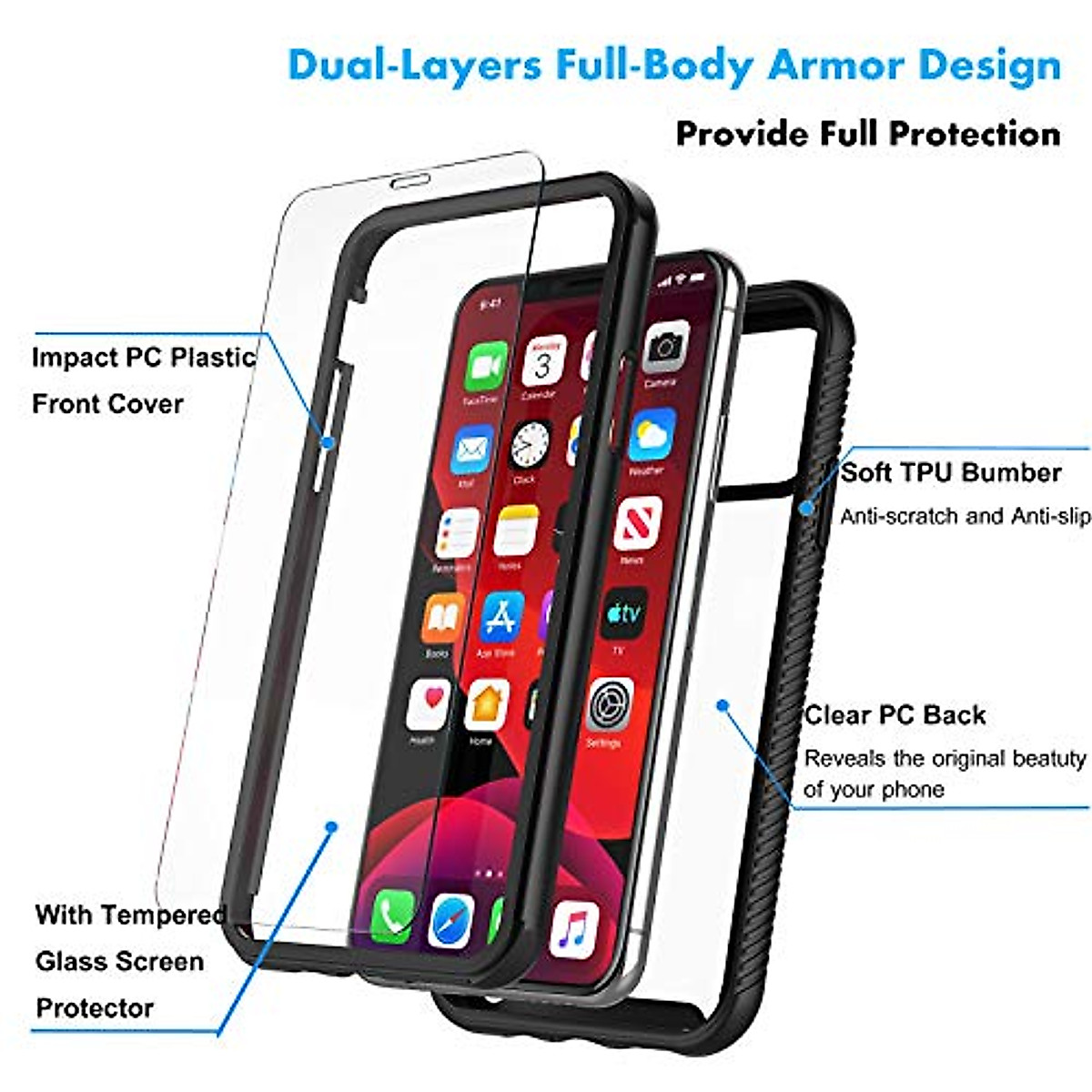 Njjex Case For iPhone 11 Pro MAX, For iPhone 11 Pro Max Case 6.5" W/[Tempered Glass Screen Protector], [Npatt] Hybrid Impact Clear Back Soft TPU Bumper Armor Rugged Shockproof Slim Phone Cover [Black]