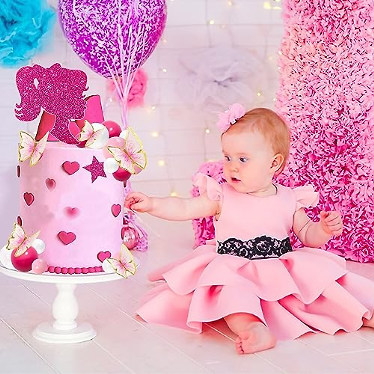 MEMOVAN Hot Pink Girl Cake Toppers 27pcs Pink Ball Butterfly Cake Decoration Girl Theme Cake Decoration for Boho Girl Hot Pink Princess Theme Wedding Baby Shower Birthday Party Supplies