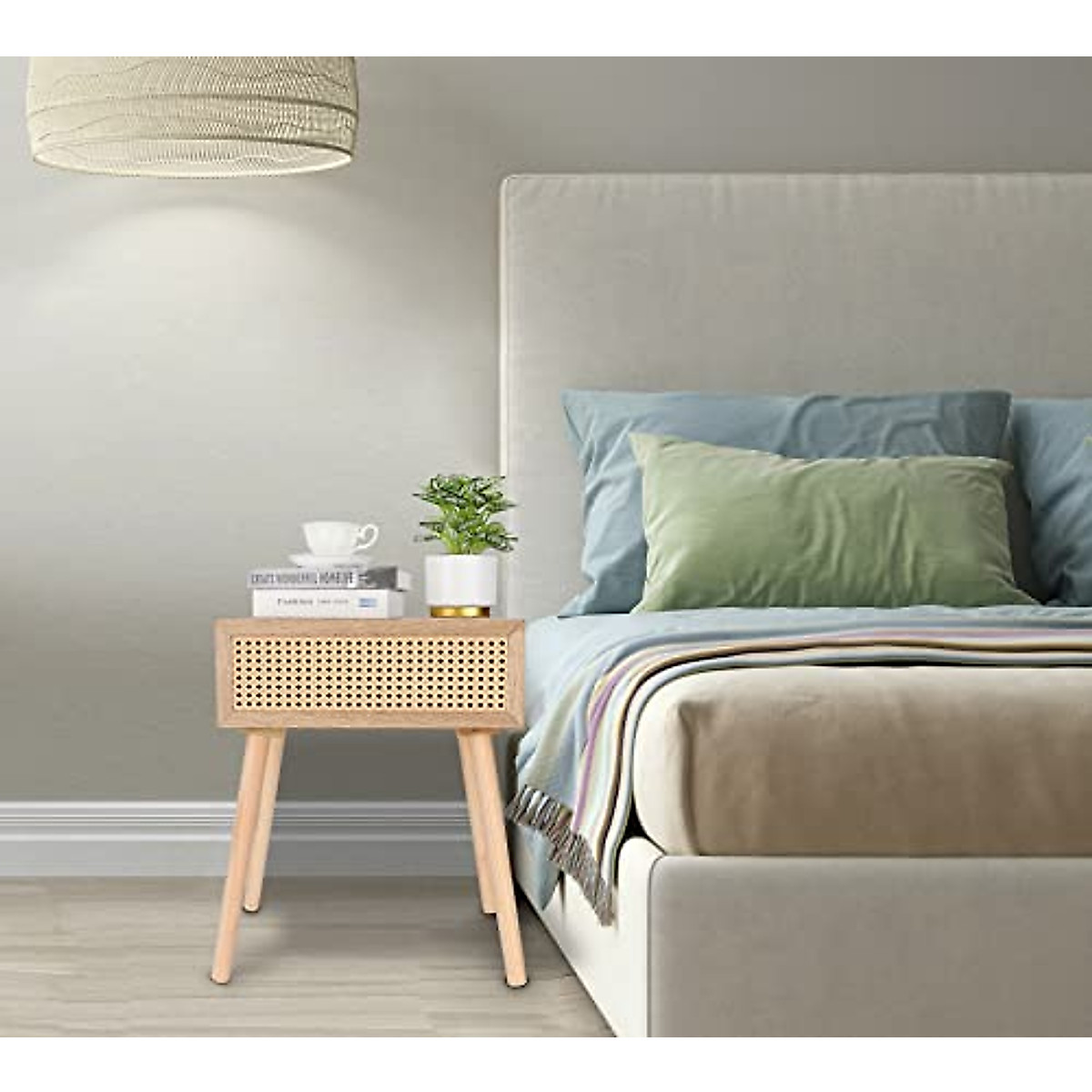 Rattan Nightstand with Drawer, Bedside Table, End Table with Storage, Modern Boho Nightstands, Mid-Century Coffee Table, Small Side Tables for Living Room Bedroom Office Balcony (Natural Walnut)