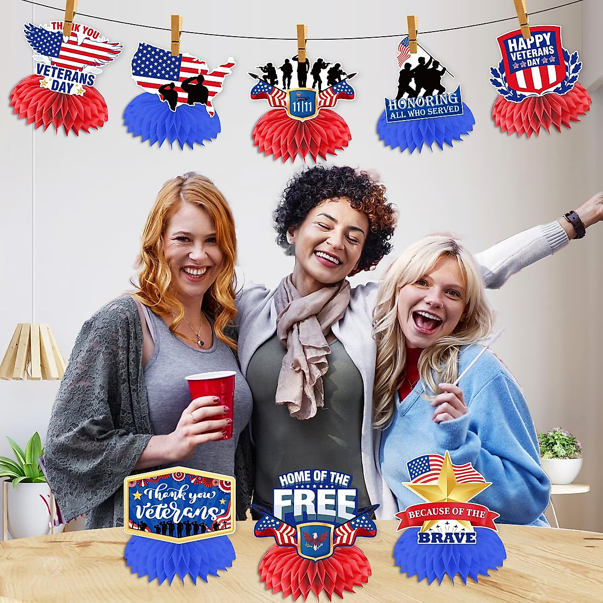 Happy Veterans Day Table Decorations, Veterans Day Centerpieces for Tables, Army Deployment Party Supplies, Patriotic Thank You Veterans Day Decorations Military Welcome Home Honeycomb Table Topper