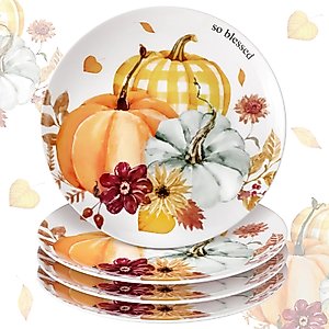 Uiifan 4 Pcs Pumpkins Ceramic Salad Plates Fall So Blessed Platter White Pumpkins Decoration Cookie Plate Set Thanksgiving Harvest Vintage Dessert Plates for Dinner Party Kitchen Decor (Classic Style)