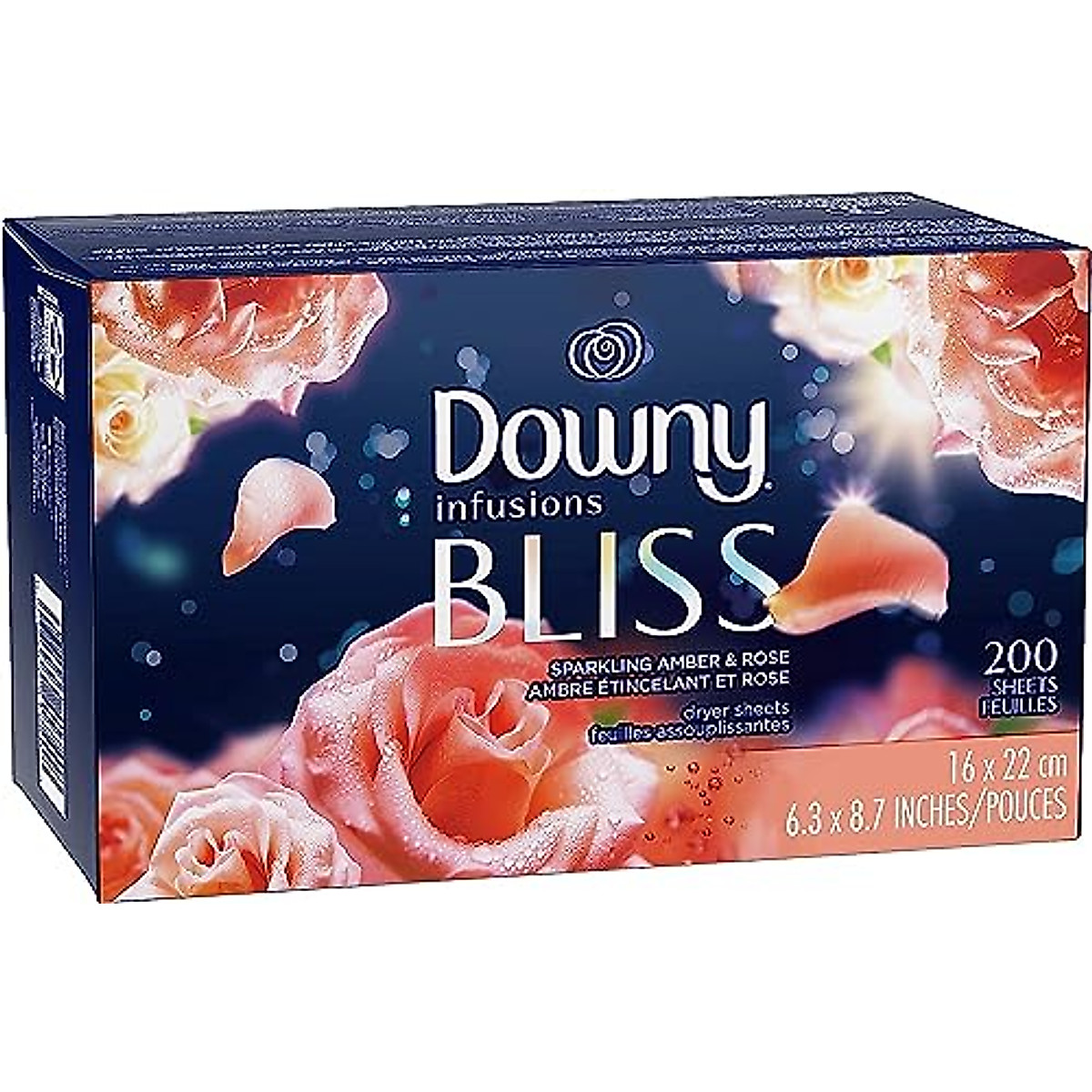 Downy Infusions Dryer Sheets, Laundry Fabric Softener, Bliss, Sparkling Amber & Rose, 200 count.