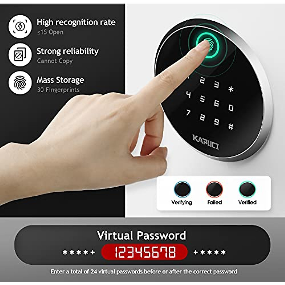 KAPUCI Modern Minimalism Design Biometric Fingerprint Touch Screen Safe, 1.28 Cubic Feet Auto-Open Safe Box with Digital Virtual Password,Safety Steel Home Safes for Wardrobe,Home,Office,Hotel