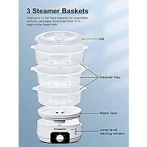Cozeemax 3 Tier Electric Food Steamer for Cooking, 13.7QT Vegetable Steamer for Fast Simultaneous Cooking, Veggie Steamer, Food Steam Cooker, 60 Minute Timer, BPA Free Baskets, 800W(White)