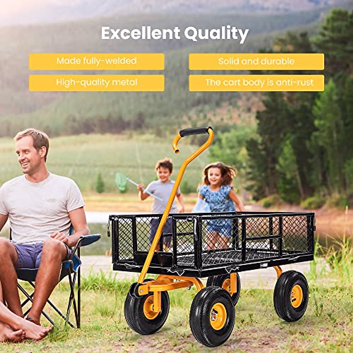 VIVOHOME Heavy Duty 880 Lbs Capacity Mesh Steel Garden Cart Folding Utility Wagon with Removable Sides and 4.10/3.50-4 inch Wheels (Black)