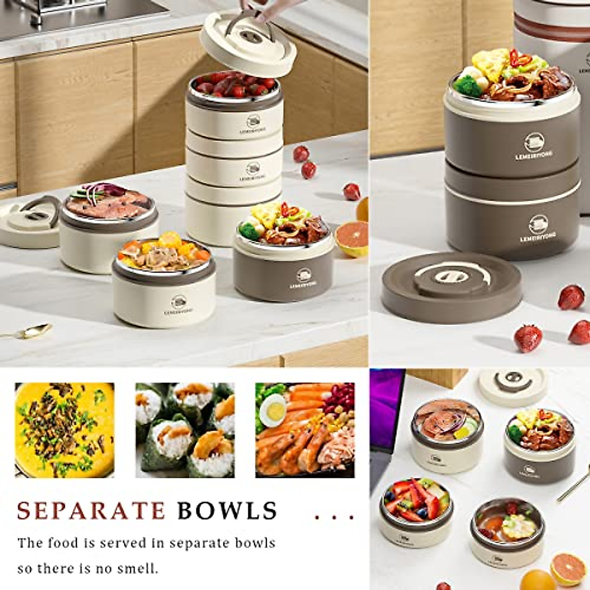 Keweis Bento Lunch Box Set, Set of 2 Insulated Lunch Containers with Thermal Bag, Stackable Stainless Steel Leakproof Lunch Boxes for Adults Kids, Portable Food Container with Date Record