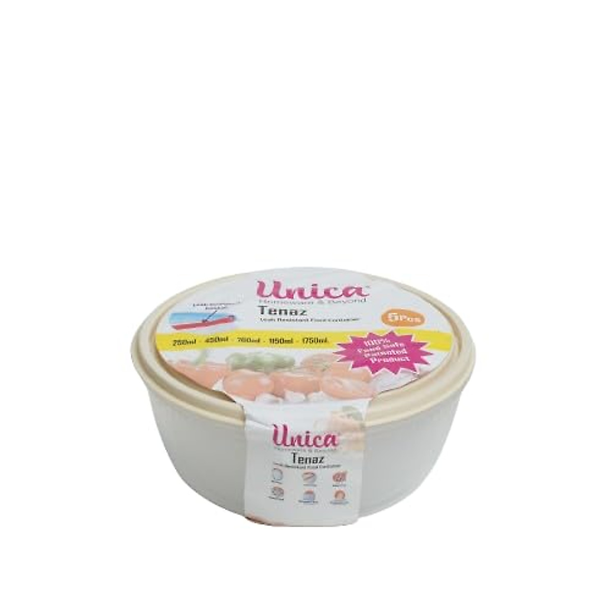 Unica Round Food Container, BPA-free Microwave Bowls with Lids, Airtight Container, Stackable Bowl Set, Freezer-safe, Dishwasher Safe, Set of 5, 8, 15, 26, 39, 59 oz, 7.68x7.68x3.48 in