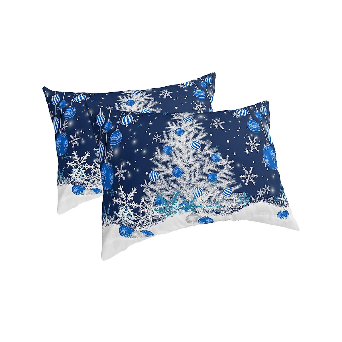 Hokiten Standard Size Pillow Cases Set of 2 - Christmas Tree, Microfiber Soft Pillowcases with Envelop Closure, Blue Fantasy Snowflake Xmas Ball Lumbar Pillow Cover for Sofa/Couch, 20x26 Inches