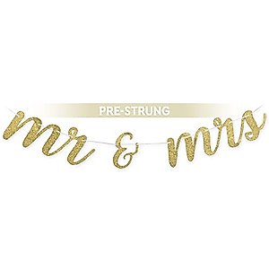 Pre-Strung Mr & Mrs Sign for Wedding Table - Wedding Decorations for Reception and Ceremony , Wedding Sign Gold Wedding Decor , Sweetheart Table Wedding Banner for Bride and Groom Chair - by Prazoli