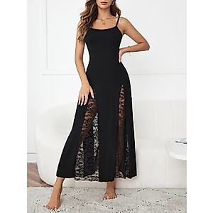 SweatyRocks Women's Contrast Lace Nightgown Spaghetti Strap Lace Insert Cami Sleepdress Nightwear Black S