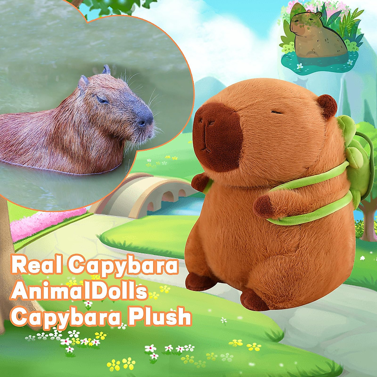 Emoin Capybara Plush Toys Kawaii Capybara Plushies with Turtle Backpack Soft Brown Capybara Stuffed Animals Capybara Gifts Doll Pillow for Baby Boys Girls Toys - 9Inch