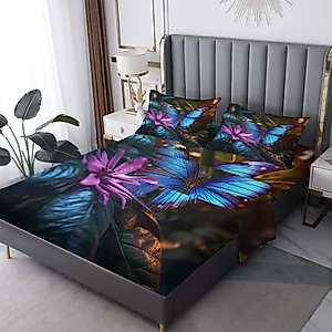 Butterfly Sheets Full Size, Butterflies Flower Bed Sheets, Patterned Bedding Sheets & Pillowcases 4 Piece Set - Soft Microfiber Deep Pocket Fitted Sheet & Flat Sheet & 2 Pillow Cases K1-&-47
