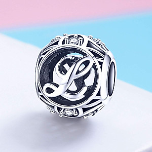 925 Sterling Silver with Cubic Stones, Complete A~Z Gift Options Alphabet Charm Letter Beads fit Pandora European Bracelets (Letter L)