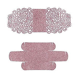 PONATIA 50 PCS Laser Cut Rose Gold Glitter Boxes with Pink Ribbons Wedding Party Favor, Wedding Gift Bags Chocolate Candy and Gift Boxes(Rose Gold Glitter)
