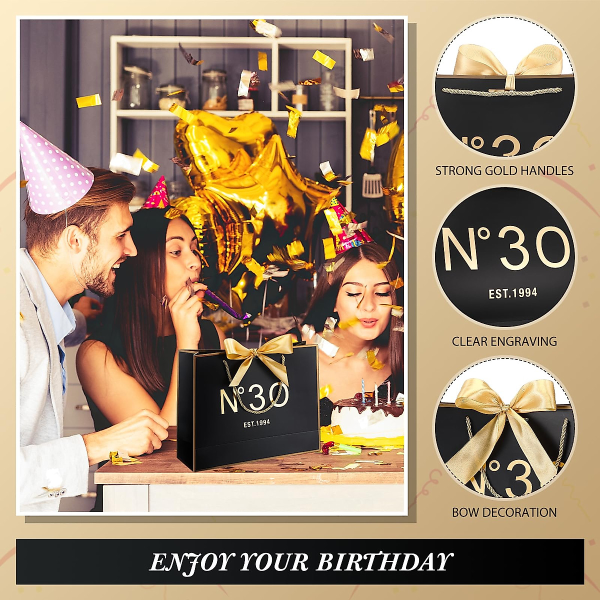 Kolldenn 30th Birthday Gift Bag Medium Black Gold 30th Birthday Paper Bag N°30 EST. 1994 Keepsake Metallic Printing 30 Birthday Party Present 1994 Wife Husband 30 Year Old Paper Bag for Gift Wrapping