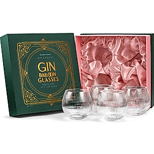 Vintage Art Deco Gin and Tonic Balloon Glasses | Set of 4 | 13.5 oz Stemless Crystal Copas for Drinking Gin Cocktails | Retro Gift Goblets for Gin Lovers | Bubble Cups for Bar Drinks