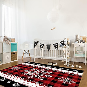Christmas Theme with White Snowflakes Art Home Decor Rug, Red and Black Plaid Machine Washable Area Rugs, with Anti-Slip Backing Indoor Carpet for Living Room Bedroom Study Dining Room-3' x 4'