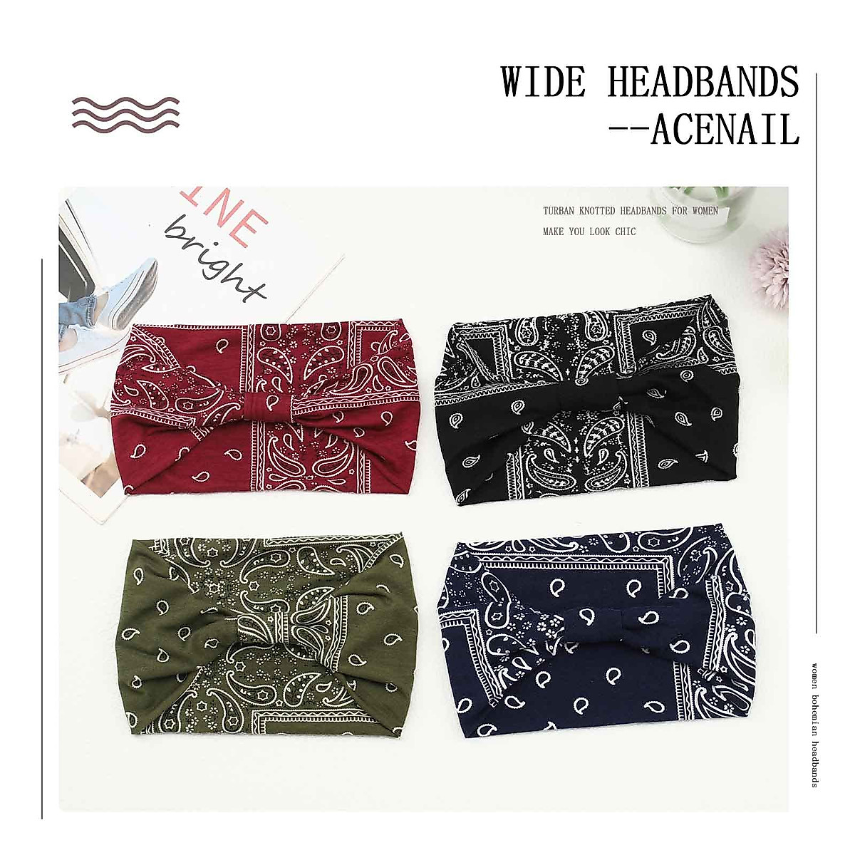 Acenail Wide Headbands Women Knotted Turban Headband Elastic Non Slip Hairbands Floral Workout Headbands Yoga Cotton Hair Scarfs Boho Head Wraps Fashion Hair Accessories for Women 4Pcs(Bohemian)