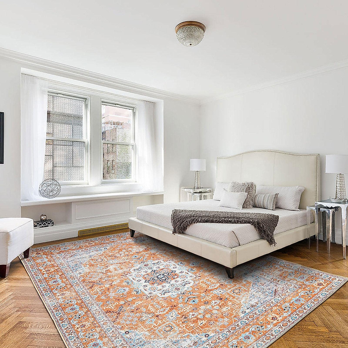 DECOMALL Kalina Washable Area Rugs 8x10ft, Bohemian Vintage Foldable Large Carpet for Living Room Bedroom, Orange