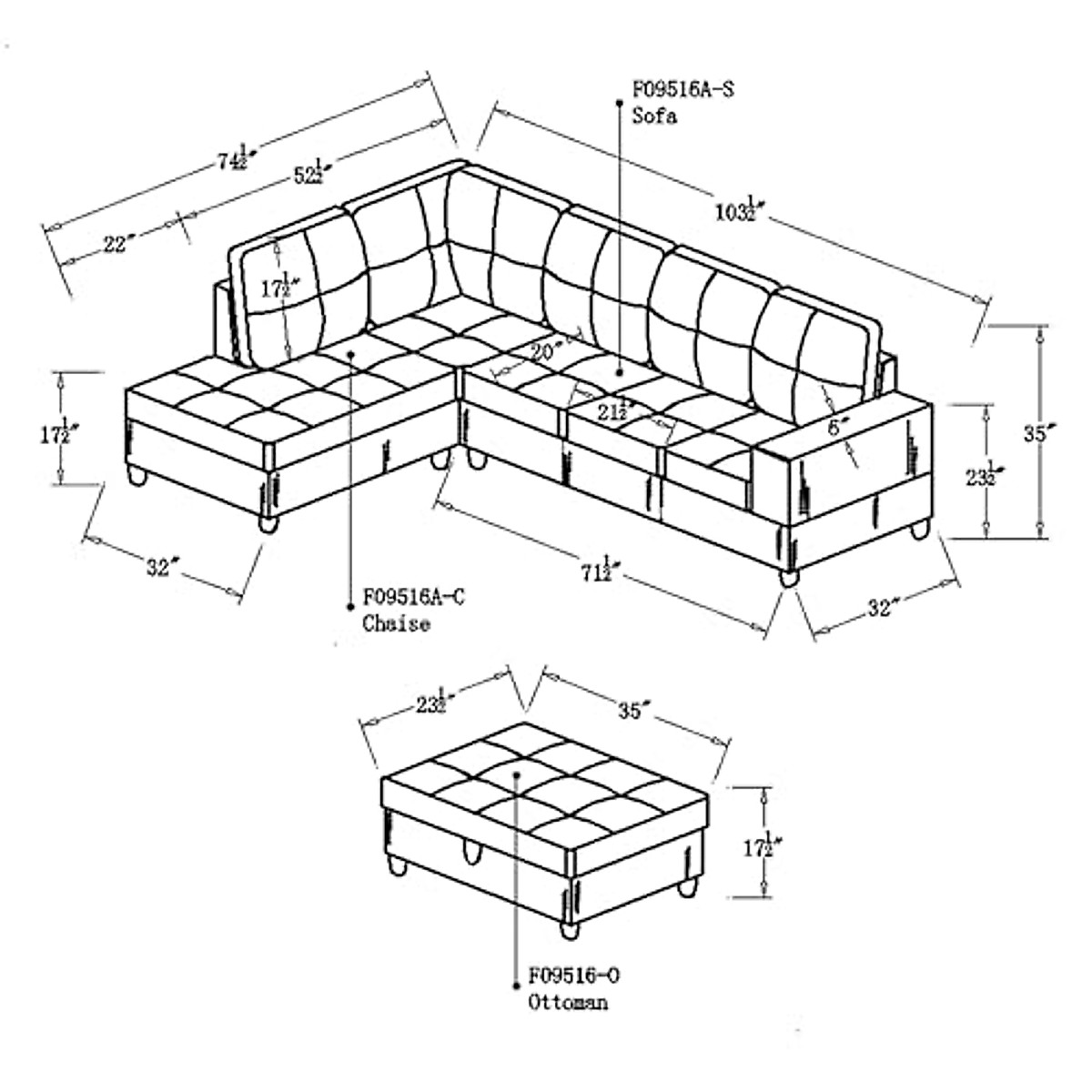 NOTOP 3-Piece Faux Leather L-Shaped Sectional Sofas, Button Tufted Upholstered Couch Set with Left Chaise Longue and Storage Ottoman, for Living Room, Home, Office, Dark Grey