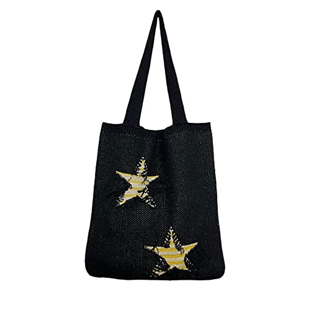 Women Distressed Star Pattern Tote Bag Fairy Grunge Shoulder Handbag Ripped Crochet Hobo Bag Casual Shopping Bag (Black)