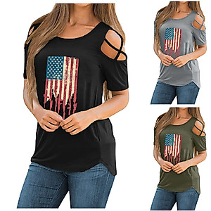 Women's Off-Shoulder Short-Sleeved T-Shirt American Flag Print Round Neck Basic Tee Casual Loose Independence Day Tops (Gray, L)