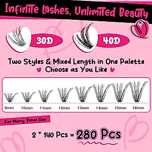 Lash Extension Kit 280Pcs Lash Clusters Eyelash Extension Kit with Lash Bond and Seal Lash Remover Lash Applicator Individual Lashes Kit Eyelash Brush Easy to Apply at Home(30D+40D-9-16mix Kit)