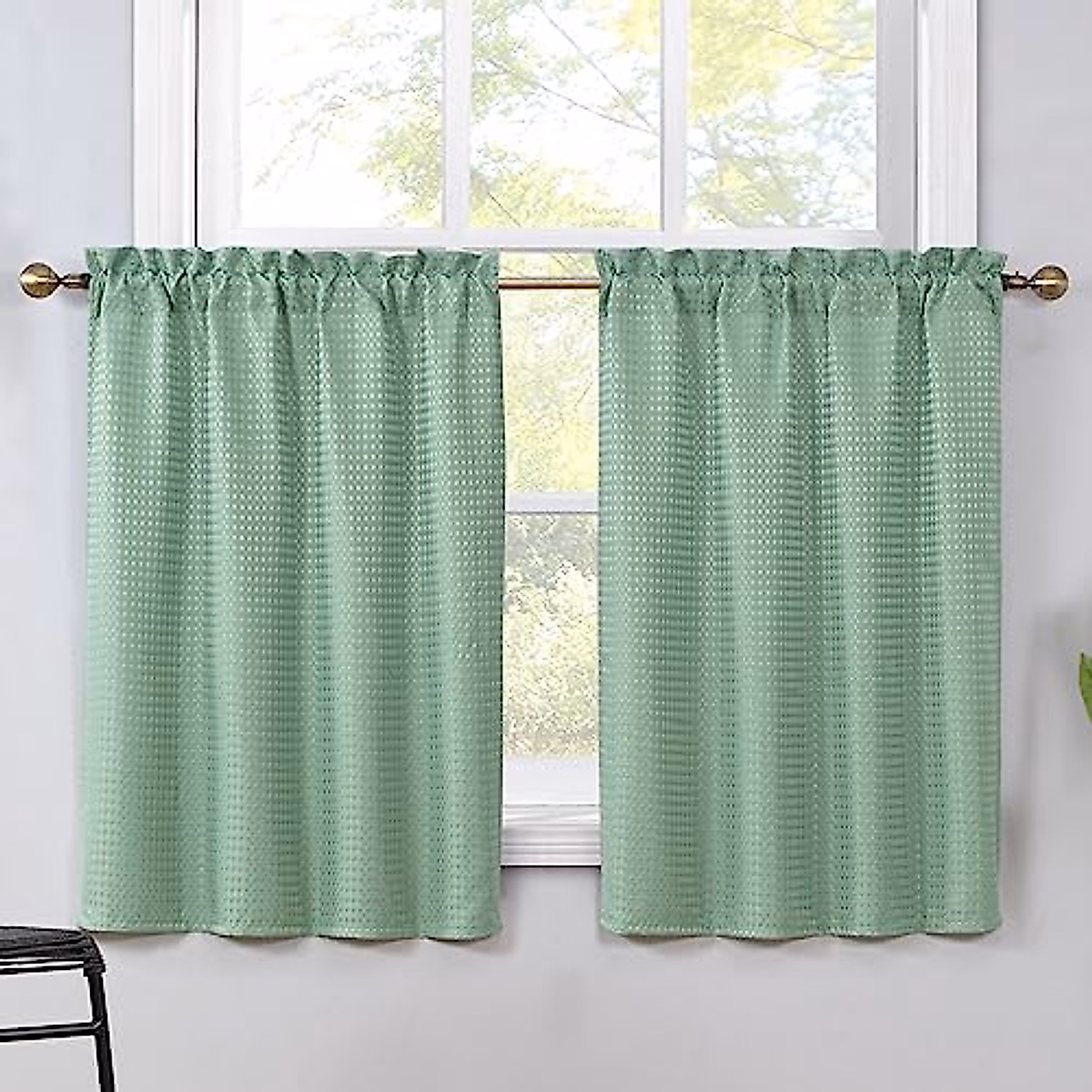 Home Queen Water Resistant Bathroom Window Curtains, Waffle Textured Half Cafe Curtain Tier for Kitchen, 28 W X 45 L Inches, Set of 2, Sage