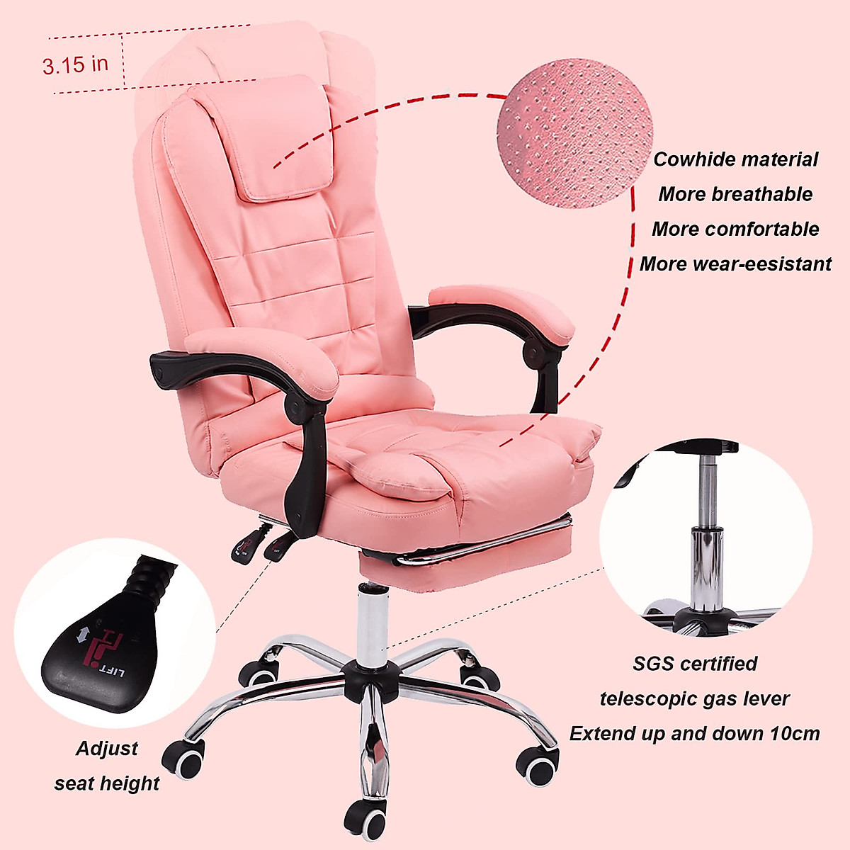 Pink Gaming Chair, Cute Computer Office Chair with footrest Ergonomic Gaming Chair Pink Kawaii Adjustable Swivel Racing Executive Massage Chair with High Backrest Lumbar Support Retractable Footrest