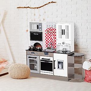 OHKIDS Kids Kitchen Playset, Wooden Kids Pretend Kitchen w/Faucet, Sink, Microwave, Oven, Blackboard, Coffee Maker, Pretend Cooking Toys for Toddlers w/Lights & Sounds, Gift for Kids Age 3+