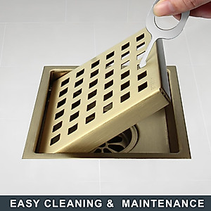 4 Inch Square Shower Drain, 304 Stainless Steel Shower Floor Drain Kit with Flange, Removable Grid Cover Hair Strainer, Golden Brushed Nickel for Bathroom, Garage, Laundry Room