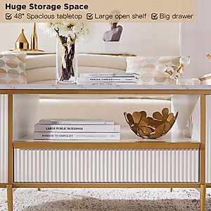 OKD Modern Luxury Fluted Coffee Table, 48" Oval Coffee Table with Drawer, Faux Marble Top, Curved Profile Design, Gold Metal Decor, Center Table for Living Room, Solid White