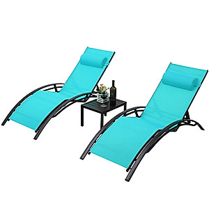 AthLike 3 pcs Poolchairs Patio Chaise Lounge Set with Headrest, 5-Level Adjustable Sunbathing Tanning Poolside Recliner Chairs with Side Table for Outdoor Beach (Blue, 2 Chairs and 1 Table)