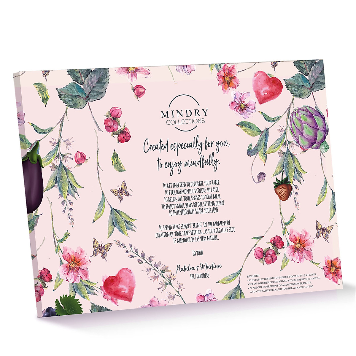 Cheese Board Wood Platter with Gold Brass Cheese Knife Set and Bonus Paper Decorations, Whitewash Wooden Charcuterie Server with Golden Knives (Cheese Board with Utensils and Paper Decor)