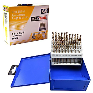 MaxTool 60 Pieces/60PCs Twist Drill Bit Set 60-Piece Drill Set Jobber Length High Speed Steel M2 Fully Ground Wire Gauge 1-60; JBS02G10R60