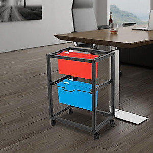 LOHISHILO 2 Tiers Metal Rolling File Carts with Wheels Hanging Files Movable Pull-Out File Folder Rack Drawer File Cabinet for Home, Office, Letters, Literature, Cards, Greeting Cards